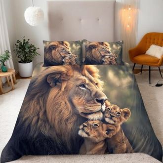 Generic Housse de Couette 280x240 Lion Cub Parure de Lit 2 Personnes Motifs Animaux Imprim&eacute; 3D Microfibre Doux Housses Couettes avec Fermeture &Eacute;clair et 2 Tai