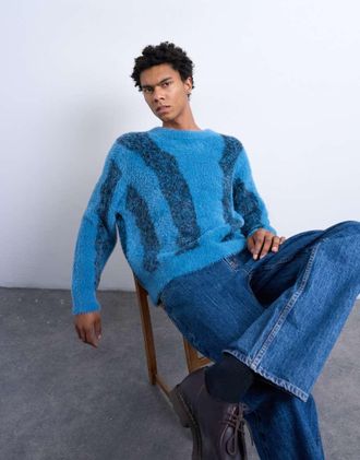 Topman Pull d&eacute;contract&eacute; en maille duveteuse ray&eacute;e - Bleu