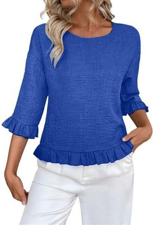 Generic Hauts en lin pour femme - Manches 3 quarts - Chemise d&eacute;t&eacute; respirante - Couleur pure - &Eacute;paules tombantes - Ourlet &agrave; volants - Confortable - Coton respi