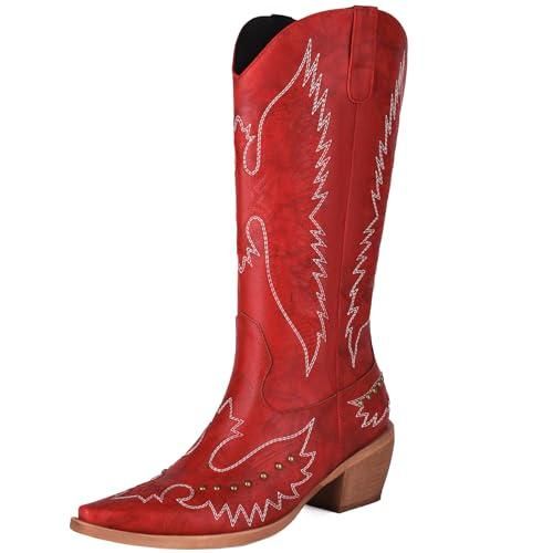 SJJH Bottes de cowboy avec pointe brodée et talon bloc pour femme ...