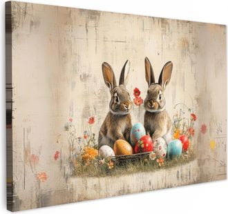 MuchoWow &copy; Leinwandbild Gro&szlig; 120x80 cm XXL Dekoration Wohnzimmer Bilder Pictures Wall Decoration Living Room Wohnungs Deko Moderne Bild Hasen - Blumen - Eier