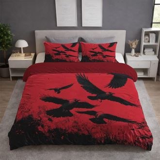 Generic Bettw&auml;sche 200 x 200 cm 3er Set Bettbezug Set Mit Kissenbezug 80 x 80 cm Rot Dunkel Tiere Rabe Weicher und Strapazierf&auml;higer Mikrofaseranzug sch&ouml;nen B