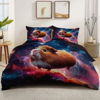 Generic Reversibles Bettbezug Fantasie s&uuml;&szlig;e Galaxie Meerschweinchen mit Motivdruck, Schwarz Weiche Mikrofaser Bettw&auml;sche mit Rei&szlig;verschluss f&uuml;r Teenager Jugen