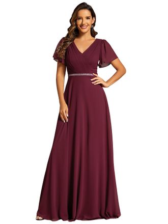 Ever-pretty Damenkleid, Abendkleid, lang, V-Ausschnitt, kurze &Auml;rmel, Chiffon, Empire-Taille, schick, EE11981-P, bordeaux, 56