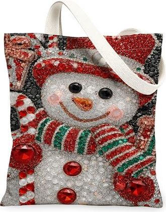 Generic Sacs fourre-tout en toile motif bonhomme de neige dhiver, sacs d&eacute;picerie r&eacute;utilisables, l&eacute;gers et lavables en toile pour magasin, blanc, 13x15 Inch
