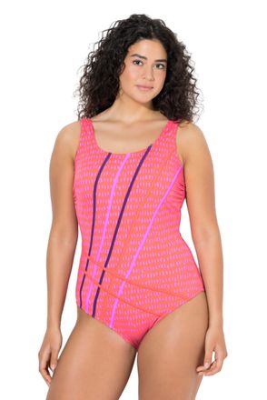 Ulla Popken Damen gro&szlig;e Gr&ouml;&szlig;en &Uuml;bergr&ouml;&szlig;en Plus Size Badeanzug, Piping, ohne Softcups, Punkte neon rot 44 846212579-44