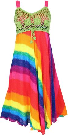 Guru Shop Boho Minikleid, Sommerkleid, Krinkelkleid - Regenbogen/Lemongrün, Damen, Synthetisch