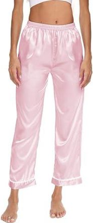 Generic Pantalon de nuit long en satin avec bordure en dentelle pour femme, rose, L