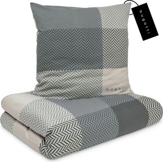 Bugatti 2in1 Bettwäsche 135x200 cm - 100% Baumwolle Satin-Flanell Kombibettwäsche, Reißverschluss, anschmiegsam, weich & waschbar, Bettbezug grau Karo