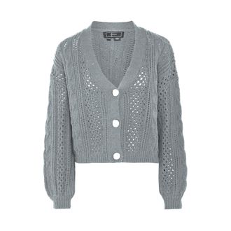 Faina Damen Modischer Pullover mit V-Ausschnitt und Perleneinlage Acryl HELLGRAU Melange Gr&ouml;&szlig;e M/L