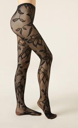 Calzedonia Spitzenstrumpfhose Mit Maxi-blumenmuster Schwarz