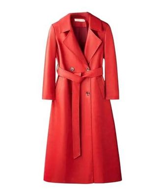Generic Trench-coat en simili cuir pour femme - Veste longue dhiver double boutonnage &agrave; revers crant&eacute;, Rouge, S