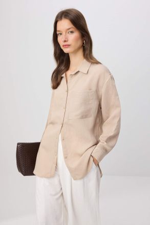 Trendyol Modest Damen Beige Gestreift Lang Oversize Modest Hemden