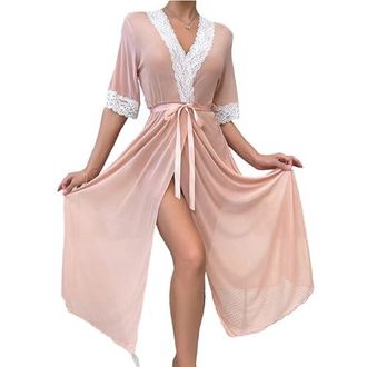 Generic Robe femme décontractée col V manches courtes longue transparente dentelle légère élégante tenue de nuit maison