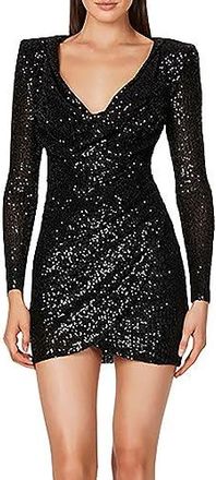 Generic Robe fran&ccedil;aise &agrave; manches longues avec col en V et paillettes pour femme, Noir, XXL