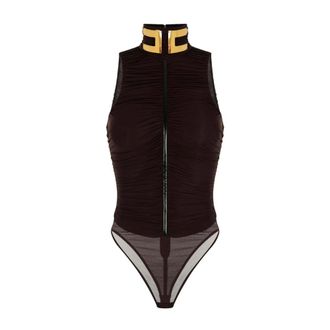 Elisabetta Franchi Bodysuit aus Stretch-Jersey mit Schmuckkragen - - Tops - Damen - Braun - 2XL
