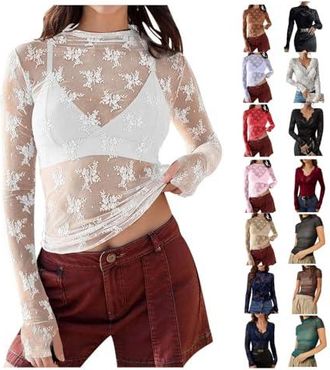 Generic Haut Transparent en Dentelle à Manches Longues pour Femme Top Femme Chic et Élégant Slim Fit Tee Shirt à Col Montant pour Femme Top Transparent Blanc 