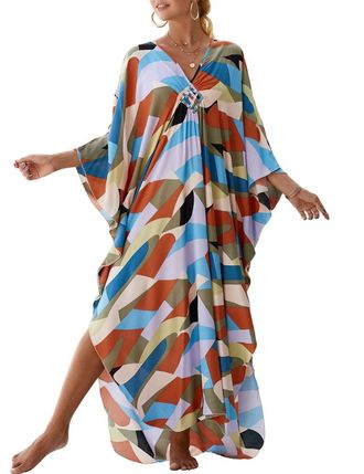 Bsubseach Damen V-Ausschnitt Kaftan Strandkleid Boho Floral Lange Plus Größe Pareos Lose Tunika Maxikleid Farbige Geometrie