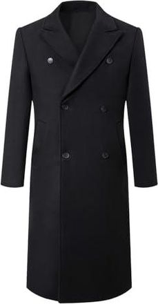 Generic Trench coat long &agrave; double boutonnage col crant&eacute; laine tweed manteau coupe ajust&eacute;e manches longues coupe-vent pour homme avec poches hiver &eacute;pais mantea