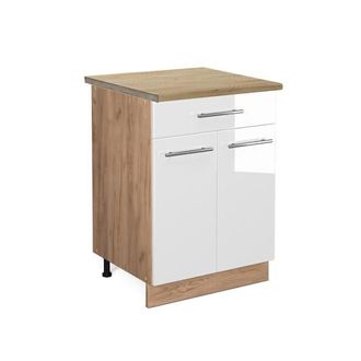 Vicco Meuble Cuisine Fame-Line, Blanc Haute Brillance/Chêne de Force doré, 60 cm avec tiroir, PT Chêne