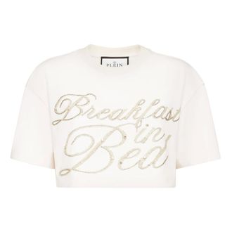 Philipp Plein Femme, Tops, Blanc, Taille: 42 FR T-Shirt Col Rond Manches Longues Crystal
