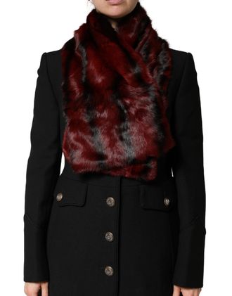 Dolce & Gabbana Womens Black Red Stripe Fur Shawl Neck Wrap Scarf And Gray Squirrel
