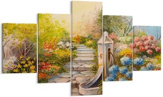 Arttor Mehrteilige Bilder auf Leinwand Garten Blumen Sommer Leinwandbild 125x70cm Wandbilder Dekoration Wohnzimmer Schlafzimmer Set 5 teilige Klein Wanddeko 