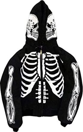TOMWELL Sweat à Capuche Y2k pour Homme Femme Zip Up Hoodies Goth Skeleton Rib Cage Graphics Harajuku Vintage Sweat à Capuche Surdimensionné Imprimé pour Coupl