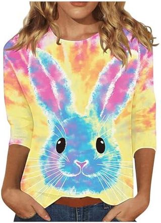 Generic Chemises de P&acirc;ques pour femmes - T-shirts graphiques amusants &agrave; manches 3/4 pour le printemps et l&eacute;t&eacute; - T-shirts Happy Easter, jaune, XL
