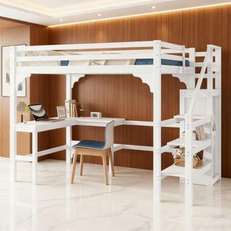 Generic Zwischengeschossbett 140x200 Wei&szlig;kiefer - Kombinierter L-f&ouml;rmiger Schreibtisch, offenes Ankleidezimmer und Stauraum f&uuml;r einen optimalen Raum