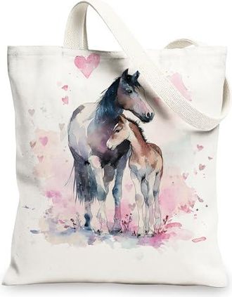 Generic Sac fourre-tout en toile motif cheval à laquarelle, sacs de courses réutilisables, mignons, légers et lavables pour voyage, plage, pique-nique, 33 x 3