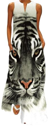 Ocean Plus Damen Ärmelloser Langer Rock V-Ausschnitt Bedrucktes Blumenkleid Ärmelloses Maxikleid mit V-Ausschnitt (5XL, Tiger)