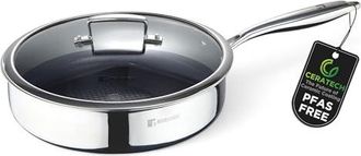 Bergner STEELBLUE | PFAS-Freie Tri-Ply Hybrid Schmorpfanne 28 cm | Glasdeckel | CERATECH Keramikbeschichtung | Edelstahl | 3-lagig | induktionsgeeignet | Krat