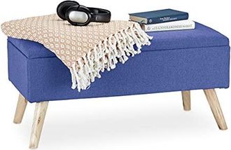 Relaxdays Sitzbank mit Stauraum, gepolstert, Holzbeine, Truhenbank Stoffbezug, HxBxT: 39,5 x 79,5 x 39,5 cm, blau
