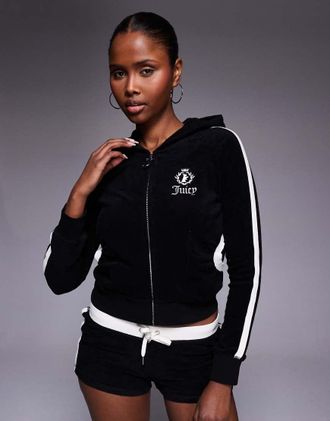 Juicy Couture Kapuzenjacke aus Frottee in Schwarz mit Logo-Applikation und Rei&szlig;verschluss, Kombiteil