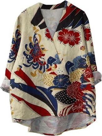 Generic Chemisier Femmes Coton Lin Chic Et Elegant Casual Chemisiers Et Blouses D&eacute;t&eacute; &Agrave; Manches Longues &Agrave; Col V Loose Tops Leger Respirant Tuniques &Agrave; La Mode C