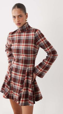 Asos robe courte ajust&eacute;e &agrave; col chemin&eacute;e &agrave; godets &agrave; carreaux rouges-Multi