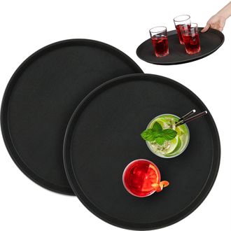 Relaxdays Serviertablett 2er Set, rund &Oslash; 40 cm, Bartablett, rutschfeste Oberfl&auml;che, Kellnertablett Gastronomie, schwarz