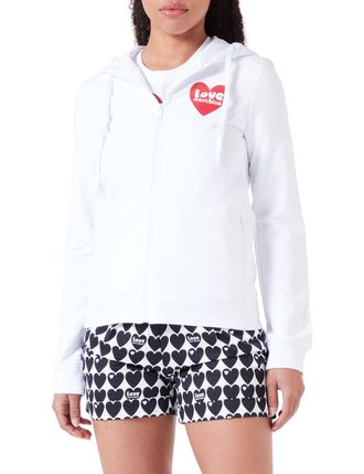 Love Moschino zippered hoodie jacket in stretch cotton fleece, customized with water print red logo heart on front left chest