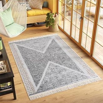 Tapiso Azteca Tapis en Coton &agrave; Franges Lavable R&eacute;versible Moderne Gris Beige Ethnique Tapis Salon Chambre Petit Tapis Descente de Lit Tapis de Passage Oeko-T