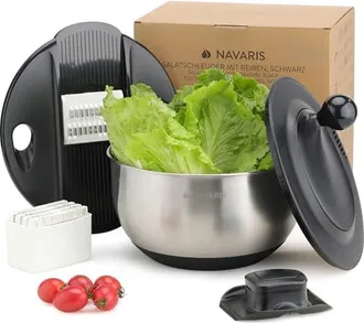 Navaris Essoreuse à Salade avec Couvercle - Essoreuse à Salade en Acier Inoxydable - Séchoir à Salade - Lavage séchage et essorage faciles - Comprend Une râpe