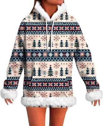 Generic Sweat à capuche de Noël en fausse fourrure imprimé flocon de neige pour femme, chandail de Noël mignon festif coupe ample avec poche hiver décontracté