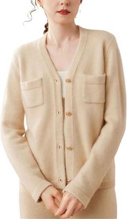 Generic Cardigan ouvert en cachemire doux pour femme - Col en V - Tricot - Printemps - Manches longues - Col en V - Boutonn&eacute;, Riz velours cru, Taille M