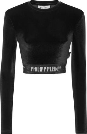 Philipp Plein Femme, Tops, Noir, Taille: 40 FR Top court &agrave; manches longues et &eacute;paules rembourr&eacute;es Crystal