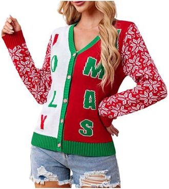 Generic Sweat Noel Femme Chic,Pull Femme Tricoté ÉLéGant pour Saisons Automne Hiver Confection Lettrage Jacquard DéCoration V DéColleté Mode Confortable