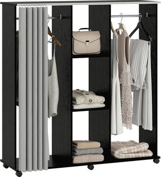 HOMCOM Armoire penderie Meuble de Rangement Mobile 6 roulettes 120L x 40l x 128H cm en Bois Noir