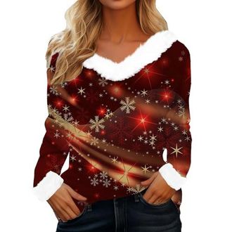 Generic Haut de Noël à manches longues pour femme - Col en V - Avec bordure en fausse fourrure - Pull de Noël amusant - Chemisier de Noël ample, Rouge, XXL