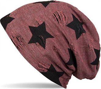 styleBREAKER Bonnet avec des étoiles et Le Motif de Points Vintage, Beanie, Unisexe 04024046, Couleur:Rouge Brun