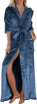 Generic Peignoir pour femme avec masque pour les yeux, long peignoir en flanelle avec capuche en polaire, peignoir avec poches, capuche moelleuse, couleur uni