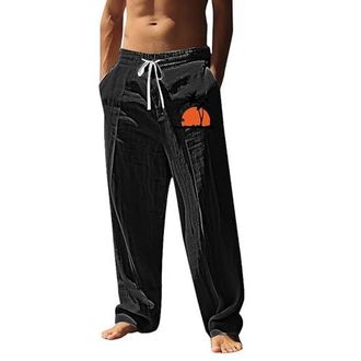 Generic Pantalon dentra&icirc;nement en coton et lin pour homme - Style d&eacute;contract&eacute; - Imprim&eacute; noix de coco 3D - Coupe droite, Noir, XXL
